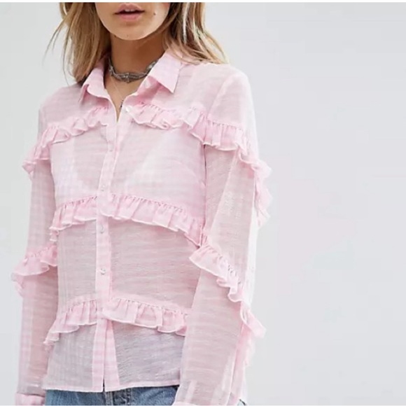 Glamorous | Tops | Nwt Glamorous Sheer Ruffle Pink Gingham Blouse ...